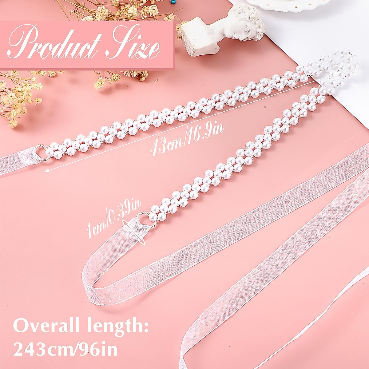 Amaxiu Women Skinny Pearls Belts, Bridal Wedding Waist Belt Bridesmaid Waistband Adjustable White Ribbon Belt for Dress
