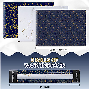 Yarcony Gift Wrapping Paper Roll - 17 Inch X 120 Inch Per Roll Luxury Navy Gold Flower, Polka Dot & White Gold Marble Gift Wrap Paper for Men Birthday, Father's Day, Christmas, Holiday, Graduation