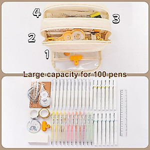 YESBAY Clear Window Pen Bag Pencil Case Pouch Pen Case Organizer Large Capacity Multi-Pocket Portable Zipper Unisex Pencil Stationery Pouch Case for Pen, Pencil, Cosmetic, Gadget, Stationary Beige