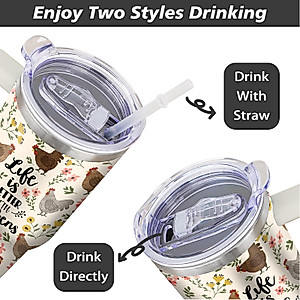 40 oz Chicken Tumbler with Handle and Straw, Floral Rooster Stainless Steel Vacuum Insulated Travel Coffee Mug Cup Water Bottle, Chicken Stuff Accessories Decor, Rooster Gifts for Women Girls