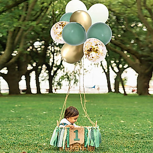 Green and Gold party Balloons, 50pcs 12 Inch Retro Sage Green White Metallic Gold Confetti Balloons with Ribbon for Wedding Birthday Baby Shower Decorations (GreenGold50pcs)