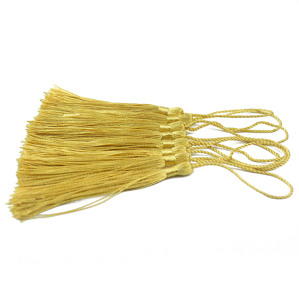 100pcs 13cm/5 Inch Silky Floss Bookmark Tassels with 2-Inch Cord Loop and Small Chinese Knot for Jewelry Making, Souvenir, Bookmarks, DIY Craft Accessory (Light Gold)