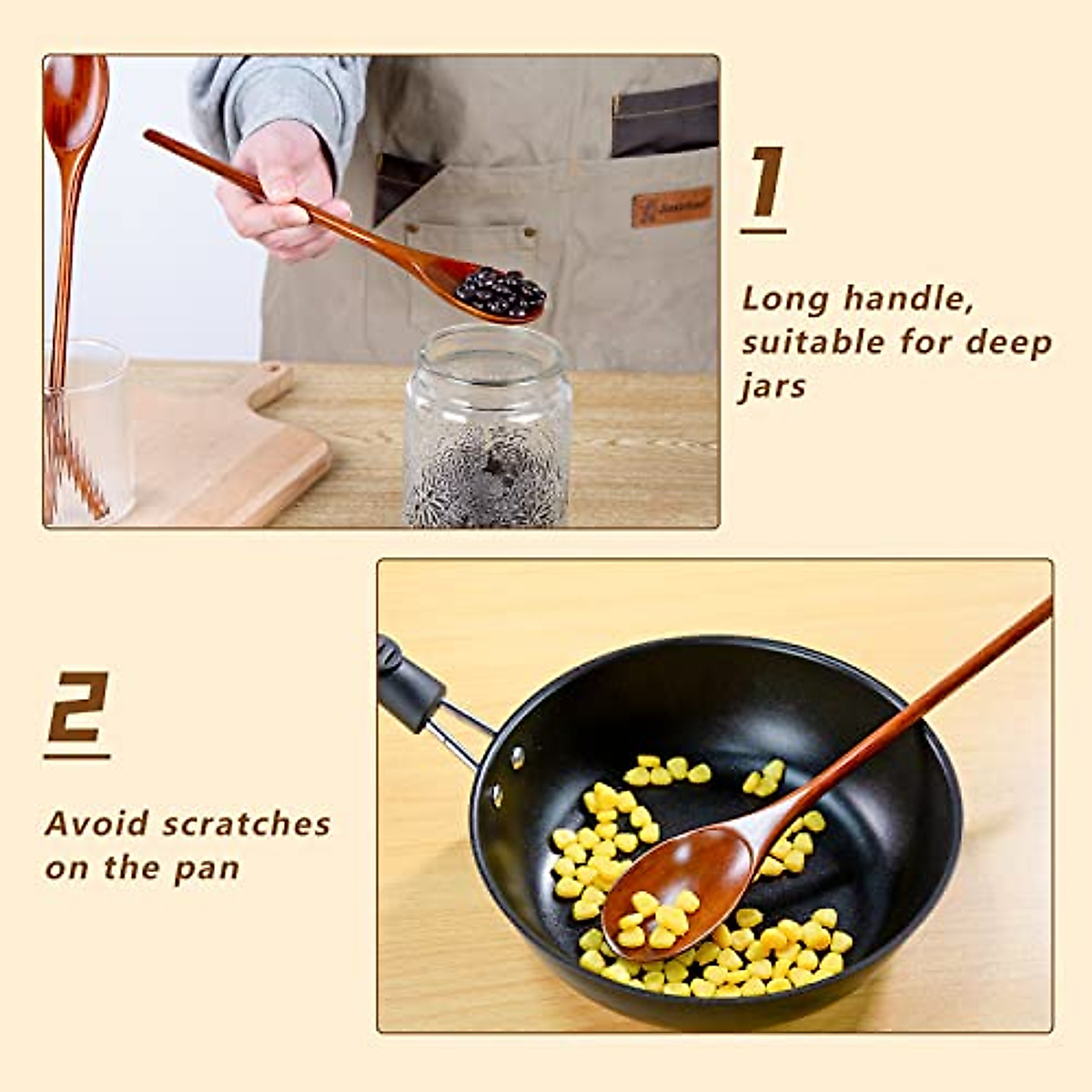 HANSGO Wooden Spoons for Eating, 6PCS 12 Inch Wood Soup Spoons Long Handle Spoons Table Spoon Serving Spoons with Japanese Style Utensil Set for Kitchen Cooking Mixing Stirring