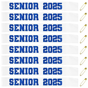 8 Pcs White Senior 2025 Sashes with Royal Blue Glitter Letters - Graduation Celebration sash, Senior Sashes Class of 2025, Senior Cheer Sash, Class Competition Sashes, Graduation Party Supplies
