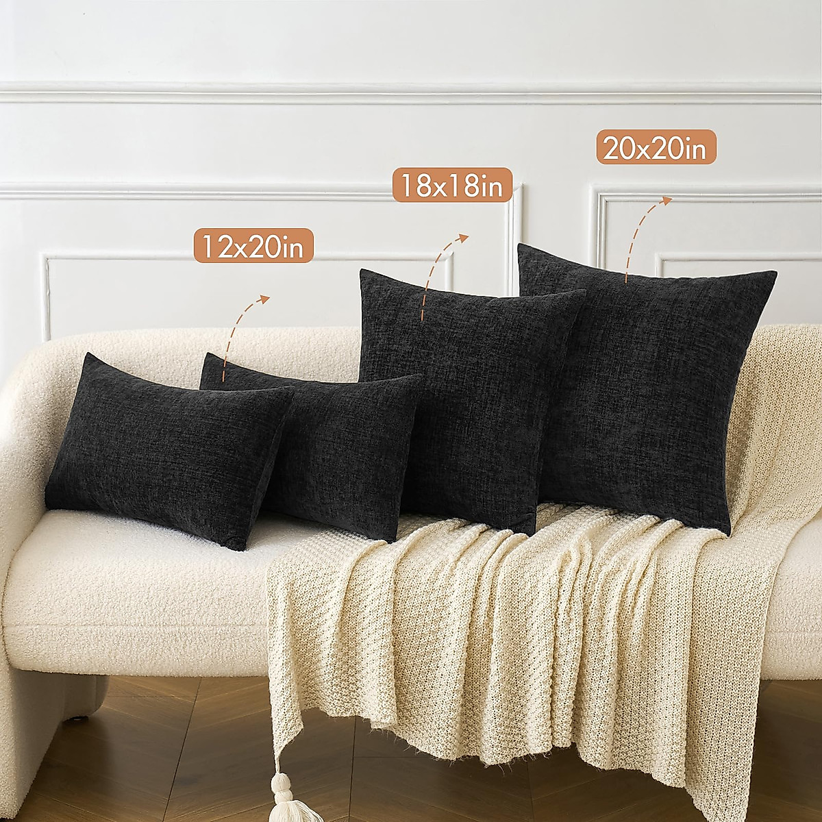 MIULEE Halloween Pack of 2 Couch Throw Pillow Covers 20x20 Inch Soft Black Chenille Pillow Covers for Sofa Living Room Solid Dyed Pillow Cases