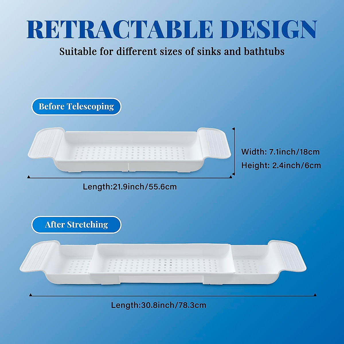 HOMEE Expandable Bathtub Caddy Tray, Plastic Drain Bath Tub Tray Table, Bath Caddy Tray for Bathtub, Adjustable Bath Shelf Tub Board Organizer Trays for Bathroom and Kitchen(White)