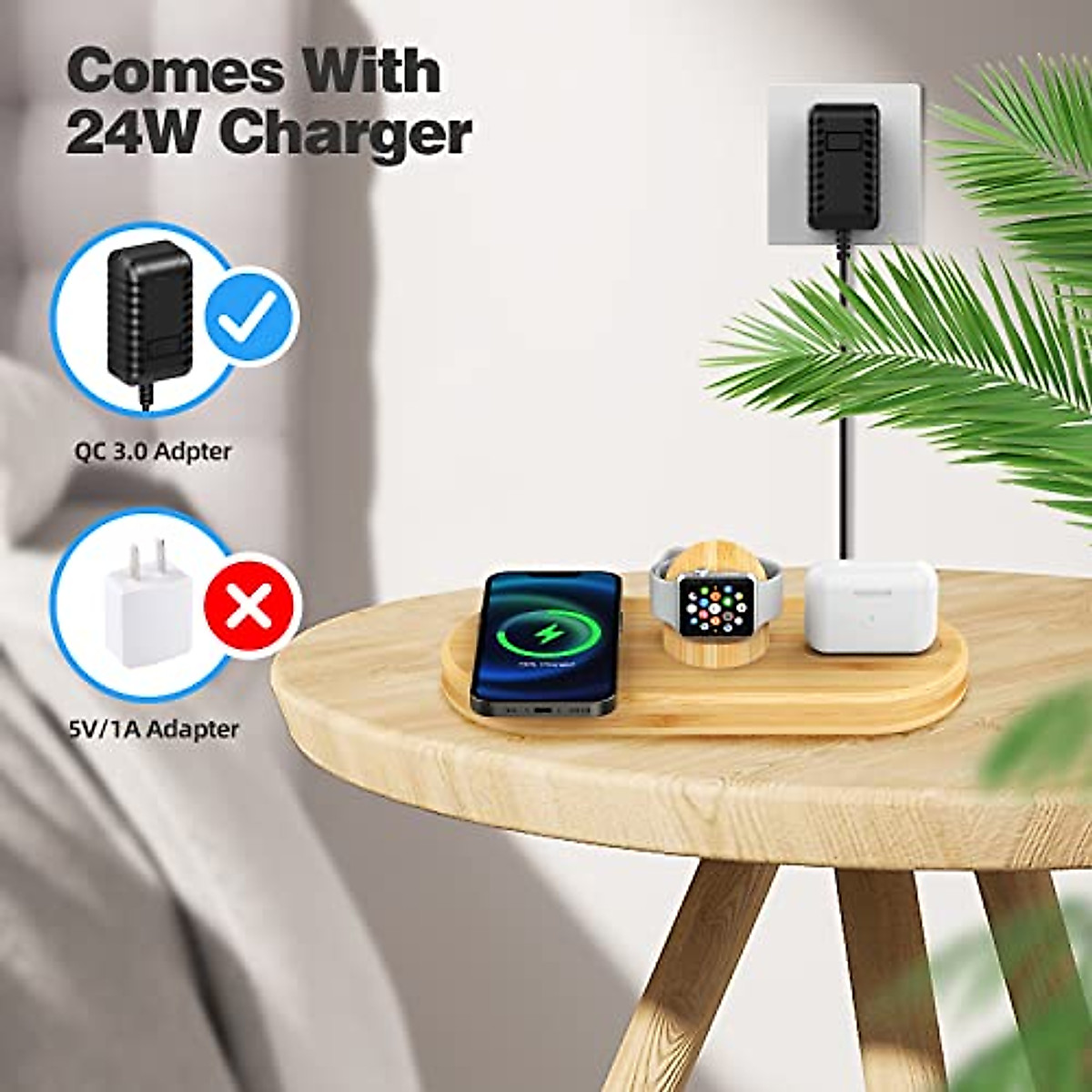 Wireless Charger, OTESS 15W Wireless Charging Station Compatible with iPhone 13 Pro Max/12/11 XS Max/SE, Fast Charging Pad Dock for iWatch 7/6/5/SE, AirPods Pro & All Qi-Enabled Devices(with Adapter)