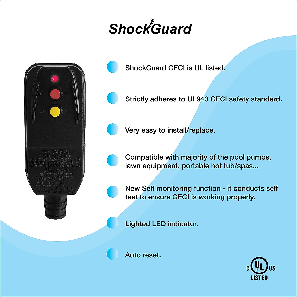 ShockGuard GFCI Replacement Plug Assembly 3-Prongs for Pressure Washer, Inflatable Pool Pump, Above Ground Plug-n-Play hot tub