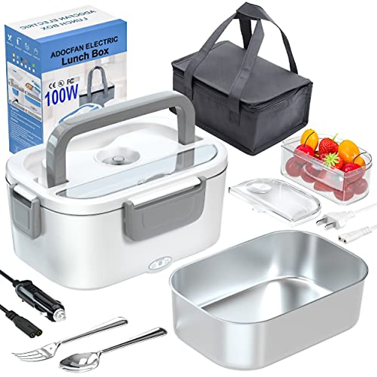 Adocfan Electric Lunch Box Heated Lunch Boxes For Adults Heated Lunch Box For Work Electric Lunchbox 100% Leak Proof Lunch Heating For Truckers With Removable Stainless Steel Container 1.5L 100W