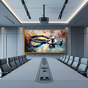 Stethoscope Canvas Wall Art,Medical Wall Art,Orange And Blue Wall Art,Framed Wall Art,Modern Bedroom Decor,Medical Office Wall Art (Gold Metal Framed, 48"Wx27"H/122x68cm)