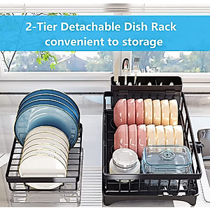 Dish Drying Rack, 2 Tier Large Dish Racks, Stainless Steel Dish Rack, Detachable, Space Saver, Anti Rust, Dish Drainers for Kitchen Counter With Drainboard and Drainage, 16"*12"*13", Black