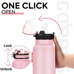 GOPPUS 24 oz Insulated Double Wall Vacuum Water Bottle With Straw Stainless Steel Sports Water Cup Leakproof Wide Mouth Resusable Water bottles for Kids Men Women Pink-1 Lid