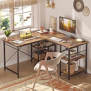 Bestier L Shaped Desk with Shelves 86.6 Inch Reversible Corner Computer Desk or 2 Person Long Table for Home Office Large Gaming Writing Storage Workstation P2 Board with 3 Cable Holes, Rustic Brown