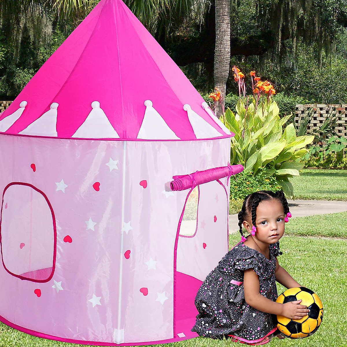 Princess Castle Play Tent with Glow in The Dark Stars, Foldable Pink Pop up Kids Tent Playhouse Toys, for Indoor Outdoor Toddler Children Girls Gifts Tent Girls Toys Age 3/4/5/6/7/8/9 Years Old
