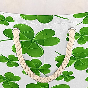 St. Patrick's Day Green Clover Leaves Large Round Baskets for Storage Laundry Baskets with Handles Blanket Storage Basket for Bathroom Shelves Bins for Organizing Nursery Hamper Girl Boy