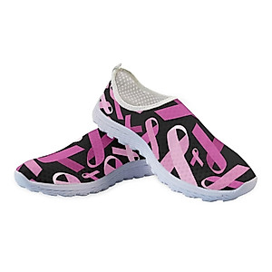 POLERO Breast Cancer Awareness Shoes for Women Pink Ribbon Slip On Shoes Flat Air Mesh Water Shoes Quick Drying Footwear for Casual Indoor Outdoor Size 8