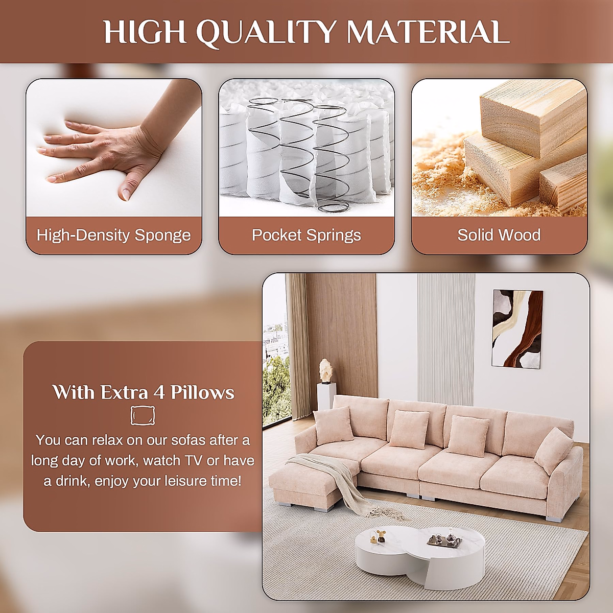 Wrofly Oversized L Shaped Sectional Sofa Couch, 113" Comfy Chenille Upholstered 5 Seat Modular Sofa Set with Convertible Ottoman, Modern Deep Seat Cloud Couch for Living Room Office, Pink