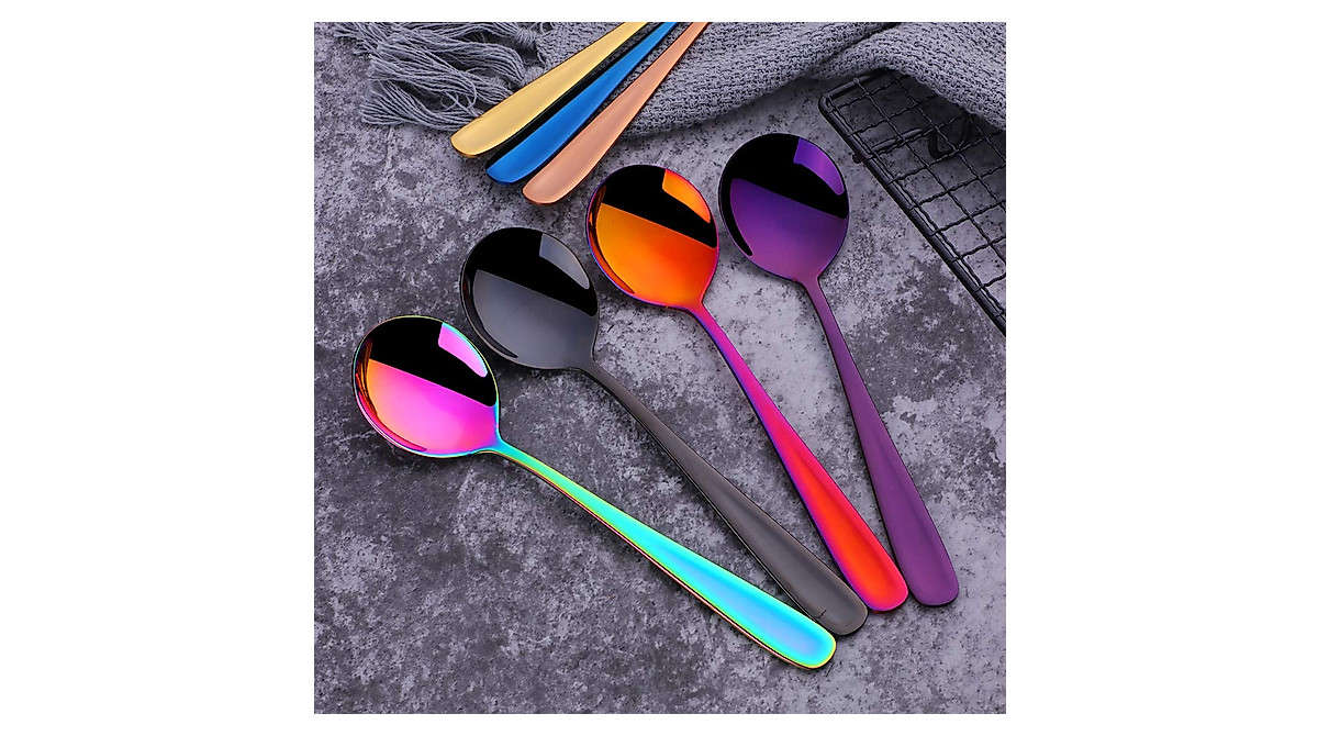 Colorful 7-Inch Stainless Steel Soup Spoons - 8 Pack