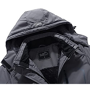 Pooluly Women's Ski Jacket Warm Winter Waterproof Windbreaker Hooded Raincoat Snowboarding Jackets Dark Gray-L