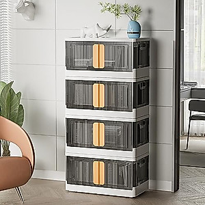 YESHOMY Storage Bins with Lids, 8.4 Gal Clear Plastic Collapsible Containers, Equipped with Door, Stackable Storage Box with Latching Buckles & Wheel, Organizer for Clothes, Toys, Foods, 4 Pack
