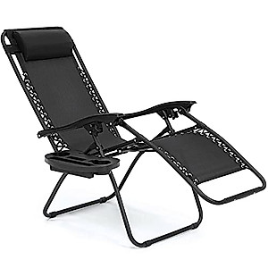 Bee Zero Gravity Chairs Patio Chairs Lawn Chairs Patio Set of 2 with Pillow and Cup Holder Patio Furniture Outdoor Adjustable Dining Reclining Folding Chairs for Deck Patio Beach Yard… (Black)