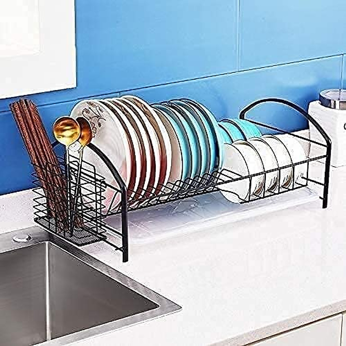 Plate Rack Dish Drainer Rack Rust Proof Stainless Steel Organization Shelf Kitchen Drainer Utensil Holder with Drain Board Pan Plate Holder (Color : Black, Size : 48.5x26x19cm)