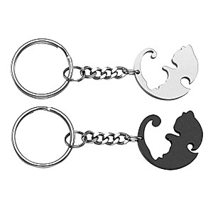Jovivi 2pcs Stainless Steel Couples Keychains Black White Cat Puzzle Piece Matching Couple Keychain Set Yin Yang Matching Puzzle Keychain His & Her Lover Gift