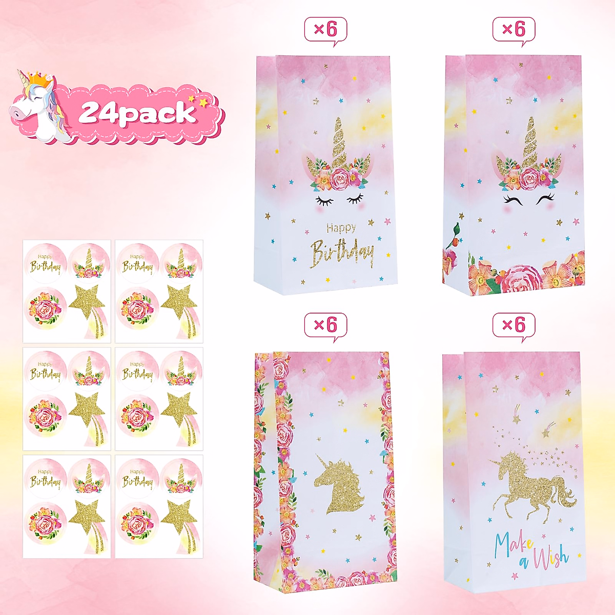 DECORLIFE 24PCS Unicorn Party Favor Bags, Unicorn Goodie Bags for Girls' Birthday Party, Perfect for Girls, Kids, Boys, Stickers Included, 4 Styles