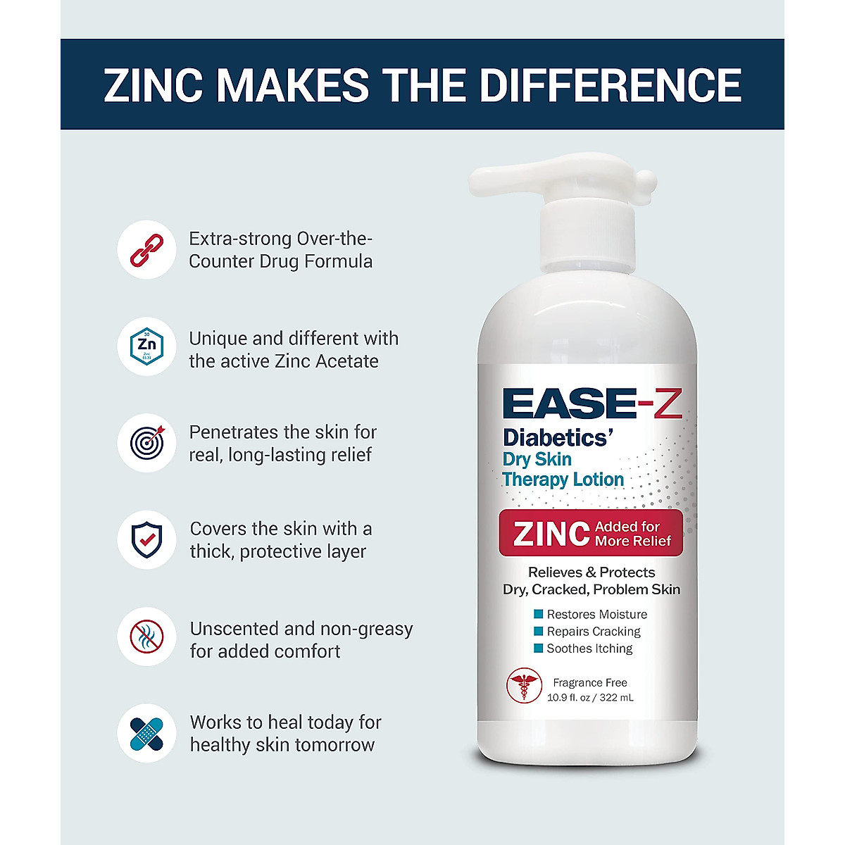 EASE-Z Diabetic Lotion for Dry Skin. Clinically Proven ingredients and ZINC relieve dryness, reduce redness, and calm itching. With Shea Butter. Fast-Acting, Long-Lasting. 10.9 oz