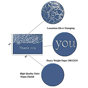 120 Thank You Cards in Navy Blue with Envelopes & Stickers - Elegant 6 Designs Bulk Notes Embossed with Silver Foil Letters for Wedding, Formal, Business, Graduation, Funeral 4x6 Inch Thick Card Stock