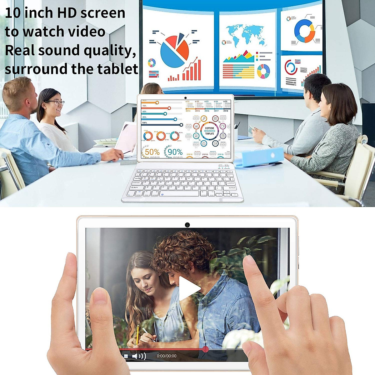 AOYODKG TAB-A22 10 Inch Tablet with Keyboard, Android 10, Octa-core Processor, 64GB Storage, 4GB RAM, 256GB Expandable, WiFi, GPS, 1920x1200 HD Display, Gold