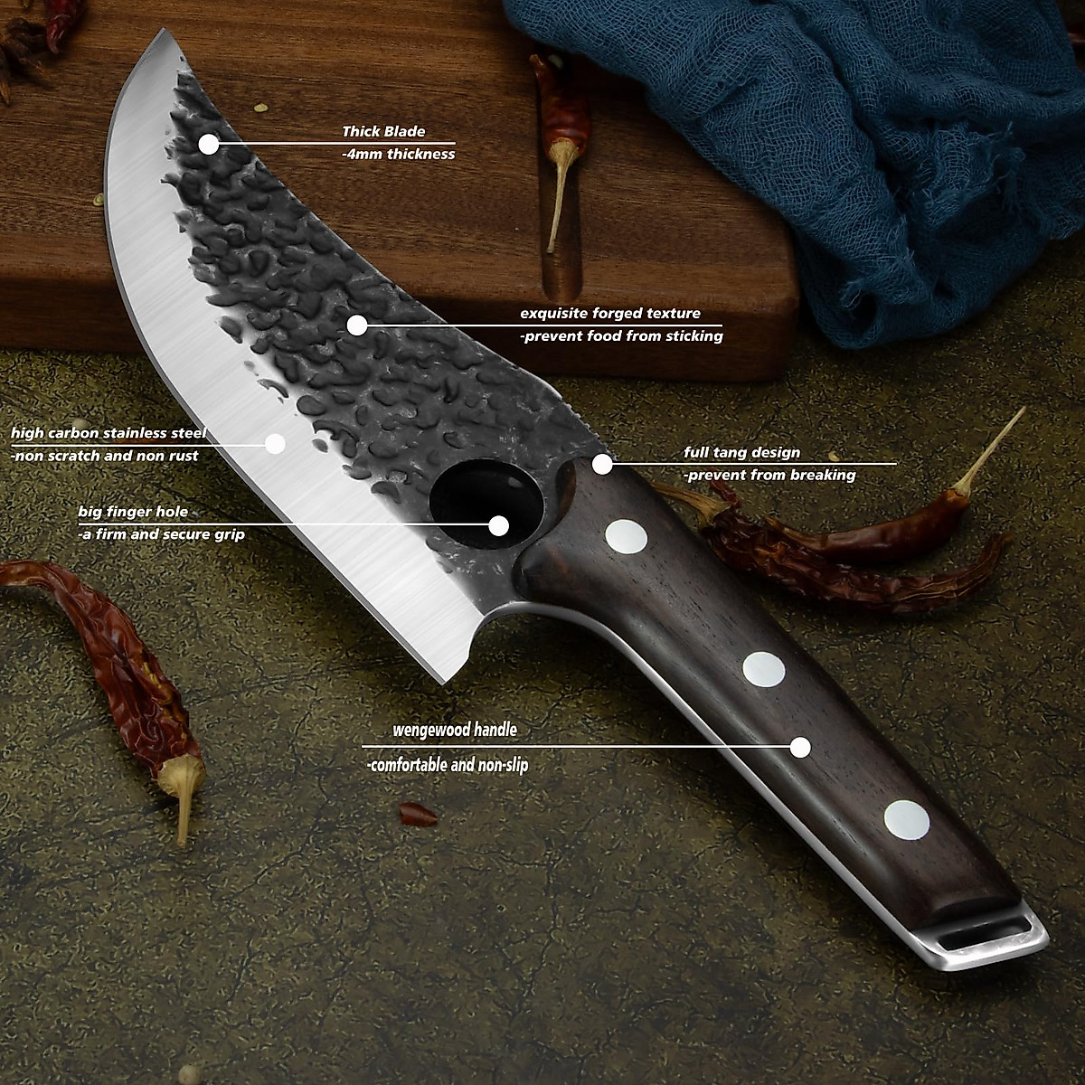 ohmonlyhoo Butcher Knife for Meat Cutting, Chopping, Dicing, Mincing- 12.2" Butcher Knife Made with Hand Forged HC Steel for Home Outdoor Camping BBQ Christmas Thanksgiving Gift Idea