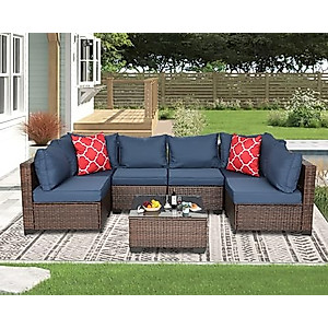 HTTH Patio Furniture Sets Outdoor Furniture Outdoor Rattan Wicker Conversation Sofa Garden Sectional Sets with Washable Cushions Coffee Table (Mix-Blue)