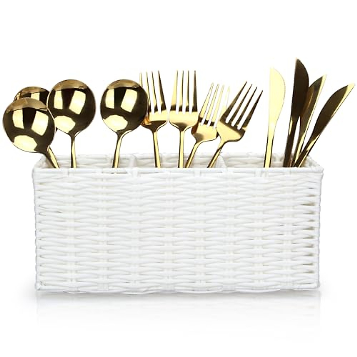 Ayiaren Wicker Silverware Cutlery Holder Flatware Caddy Kitchen Utensils Holder for Countertop Silverware Organizer Storage Containers Spoon Knives Fork Holder White Flatware Silverware Caddies