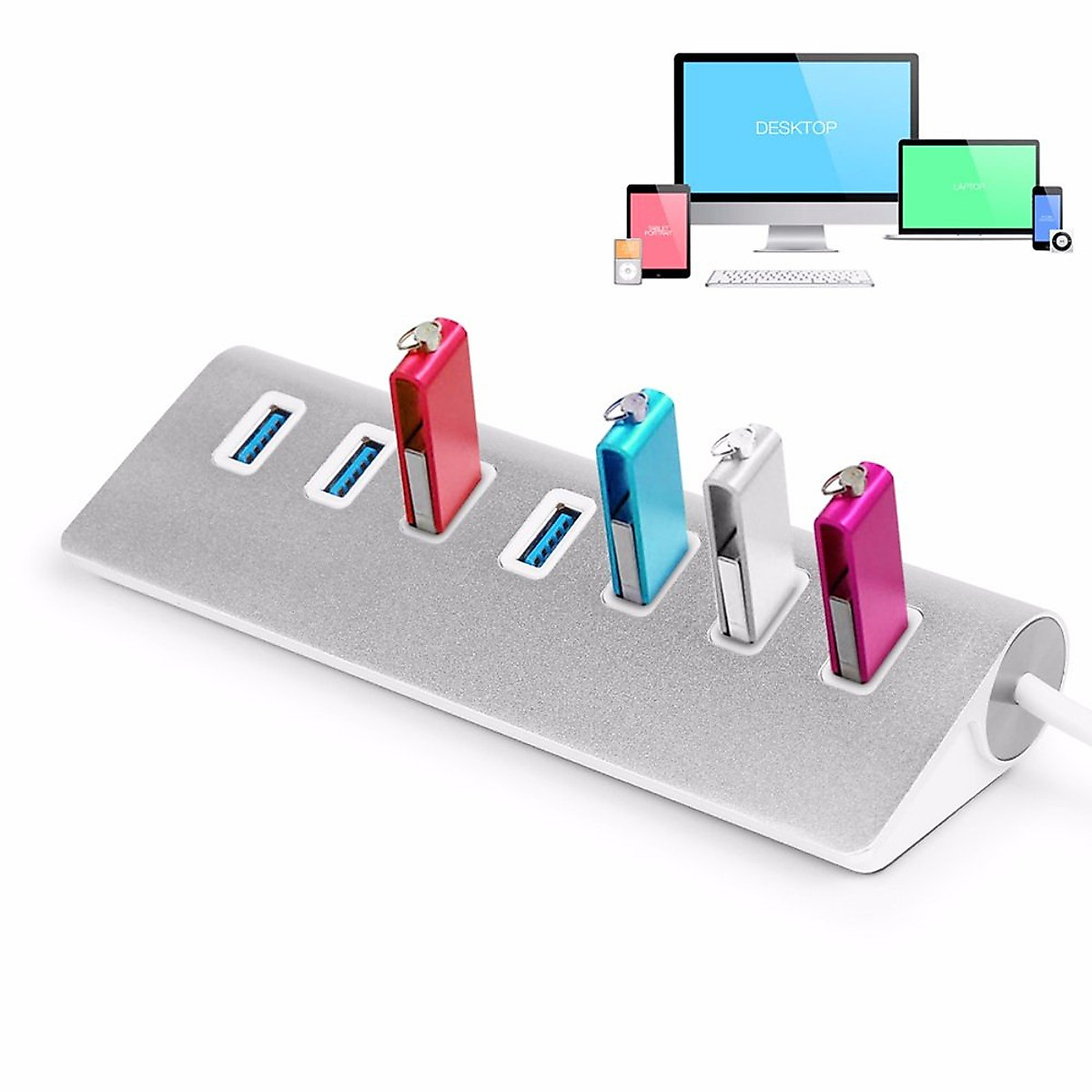 High Speed USB 2.0 Hub Premium 7-Port Portable Aluminum Hub with 60cm USB 2.0 Cable for iMac, MacBooks, PCs and Laptops