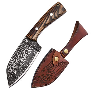 VikingsBrand Norse Viking-styled Knife - Huginn & Muninn Hand Forged Knife with Raven Engraving, Ergonomic Ash Wood Handle & Genuine Leather Sheath Holder - 4.7" Long Blade, 4.3" Handle