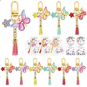 12 Sets Butterfly Party Favors Tassel Keychain Fairy Party Decorations with Laser Butterfly Flower Gauze Bag Thank You Cards for Butterfly Theme Birthday Party Baby Shower Goodie Bag Decor (Butterfly)