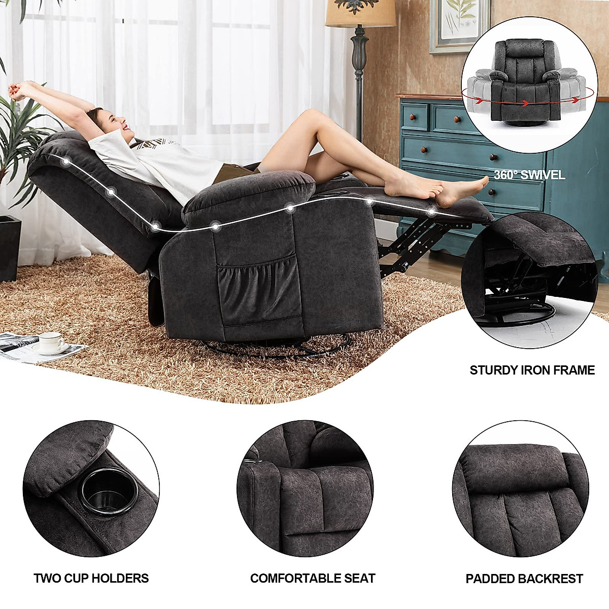 COMHOMA Recliner Chair Massage Rocker with Heated 360 Degree Swivel Lazy Boy Recliner Single Sofa Seat with Cup Holders for Living Room (Gray)