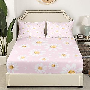 White Daisy Kids Fitted Sheet Full Size,Flowers Plants Rustic Farmhouse Bedding Set,Girls Boys Adults Room Decor,Botanical Florals Theme Bed Cover,Pink Romantic Bed Sheet,2 Pillowcases（Not Flat Sheet）