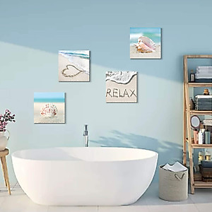 Coastal Beach Picture Wall Art: Seascape Painting Seashell Giclee Print on Canvas for Living Room (12" x 12" x 4 PCS, Multiple Style)