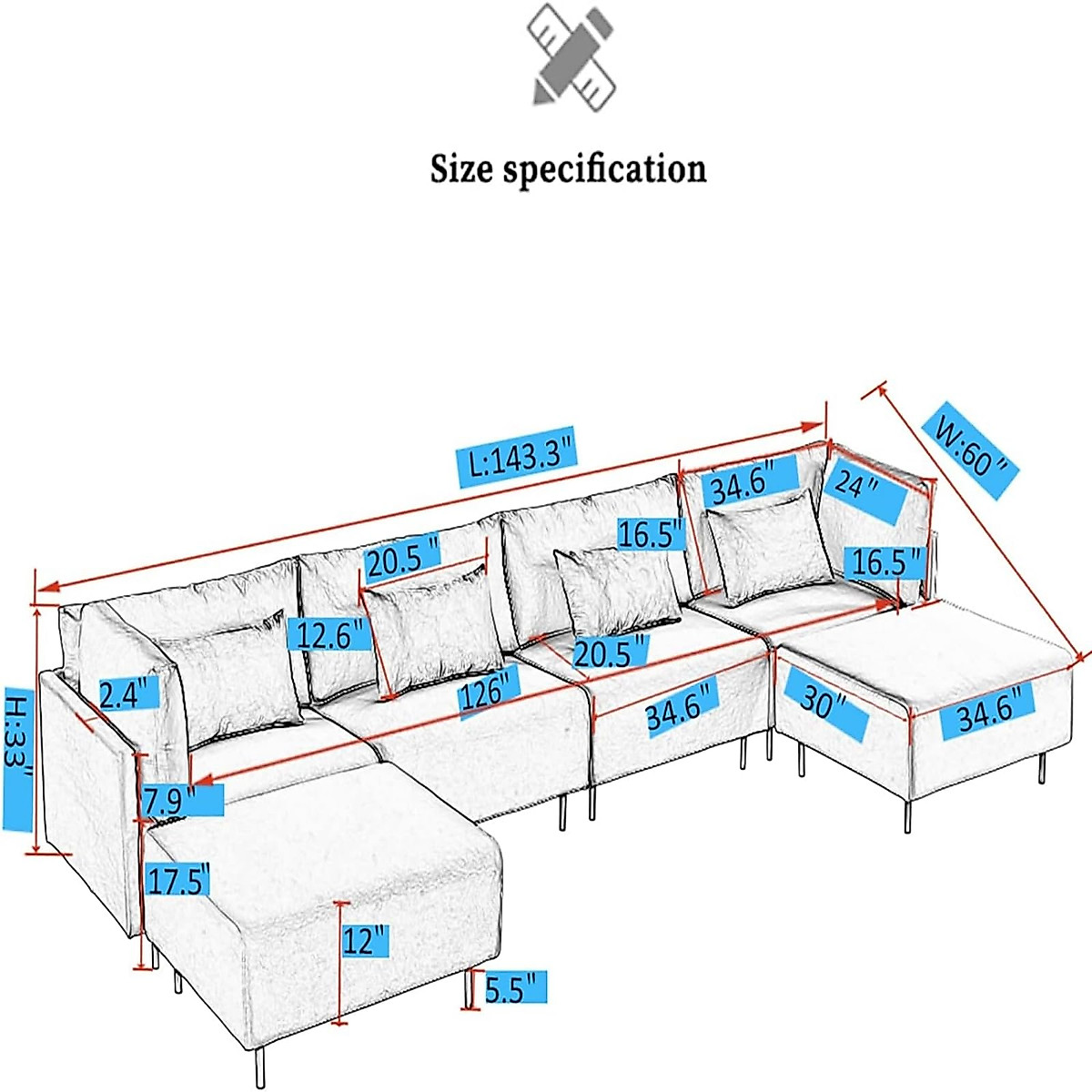 Lecut Sectional U-Shaped Couch 6 Seat Modular Sectionals Sofa Reversible Sectional Modular Sofa with Wide Chaise and 4 Pillows L-Shape Sectional Sofa for Living Room Bedroom Office 143”White