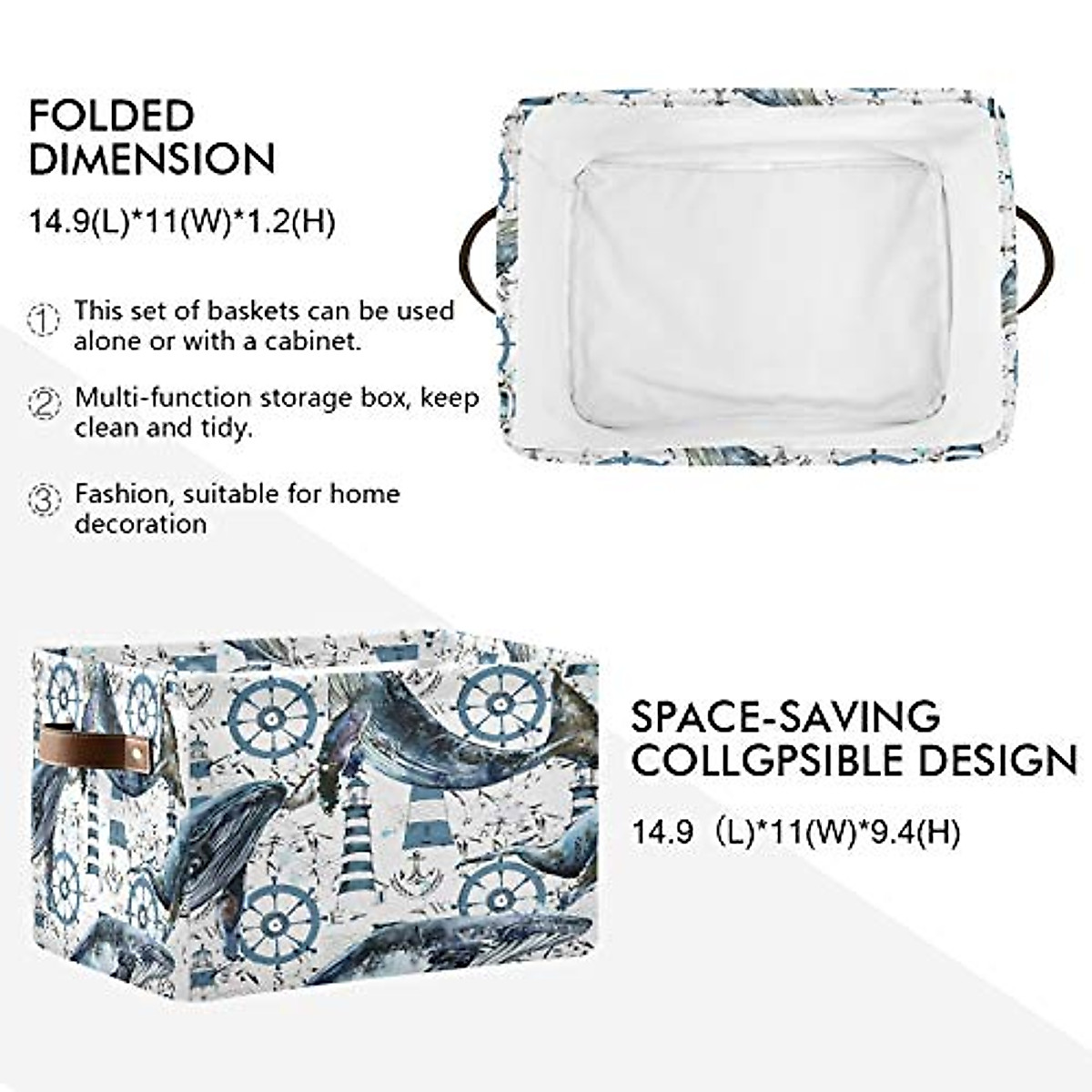 Storage Basket Nautical Sea Animal Whale Lighthouse Storage Cube Box Durable Canvas Collapsible Toy Basket Organizer Bin with Handles for Shelf Closet Bedroom Home Office