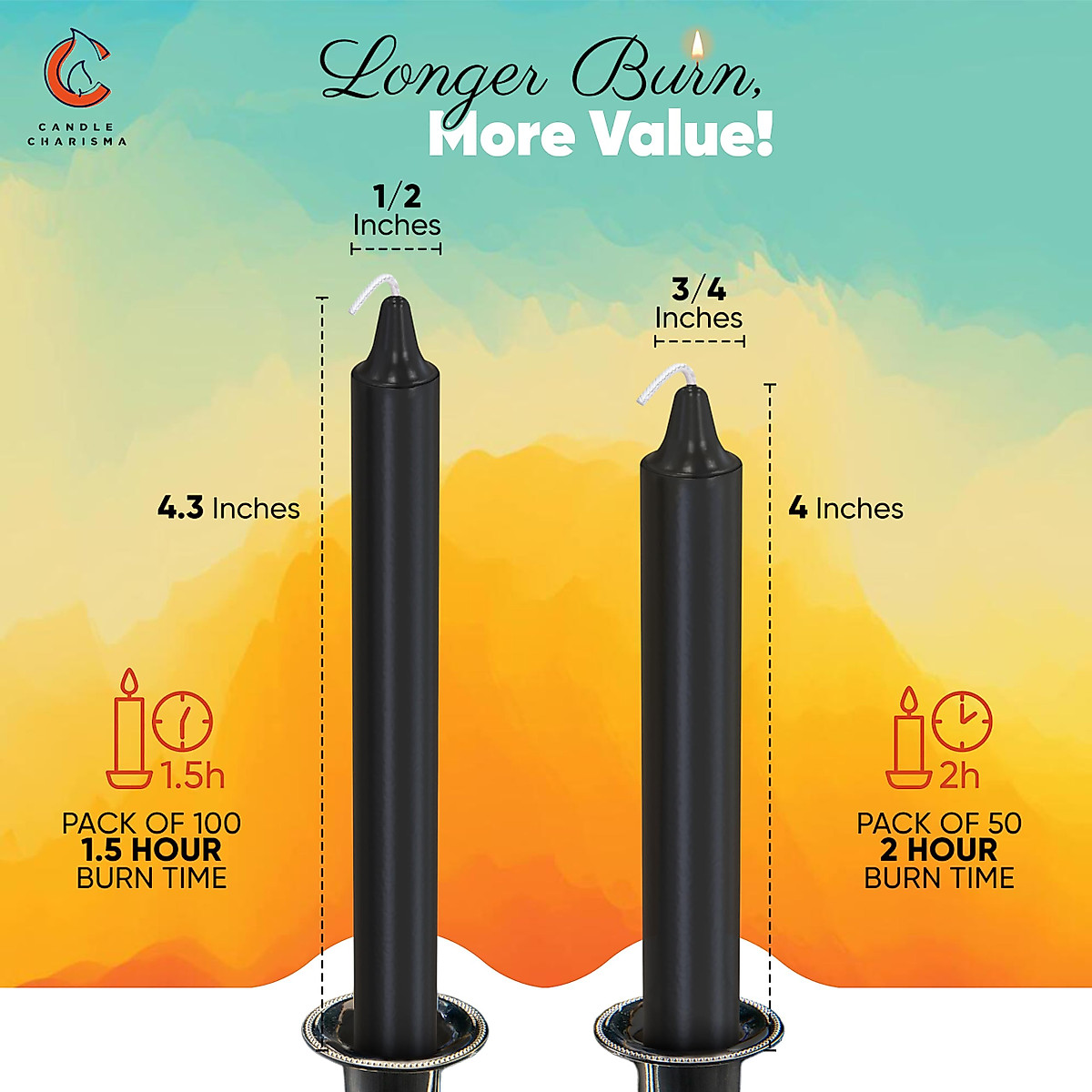 Candle Charisma 100 Black Spell Candles - 4" Unscented Paraffin Chime Candles, Smokeless & Dripless, Colored Candles, 1.5 Hours Burn Time 0.4" Thick Taper Candles for Rituals, Witchcraft and Parties