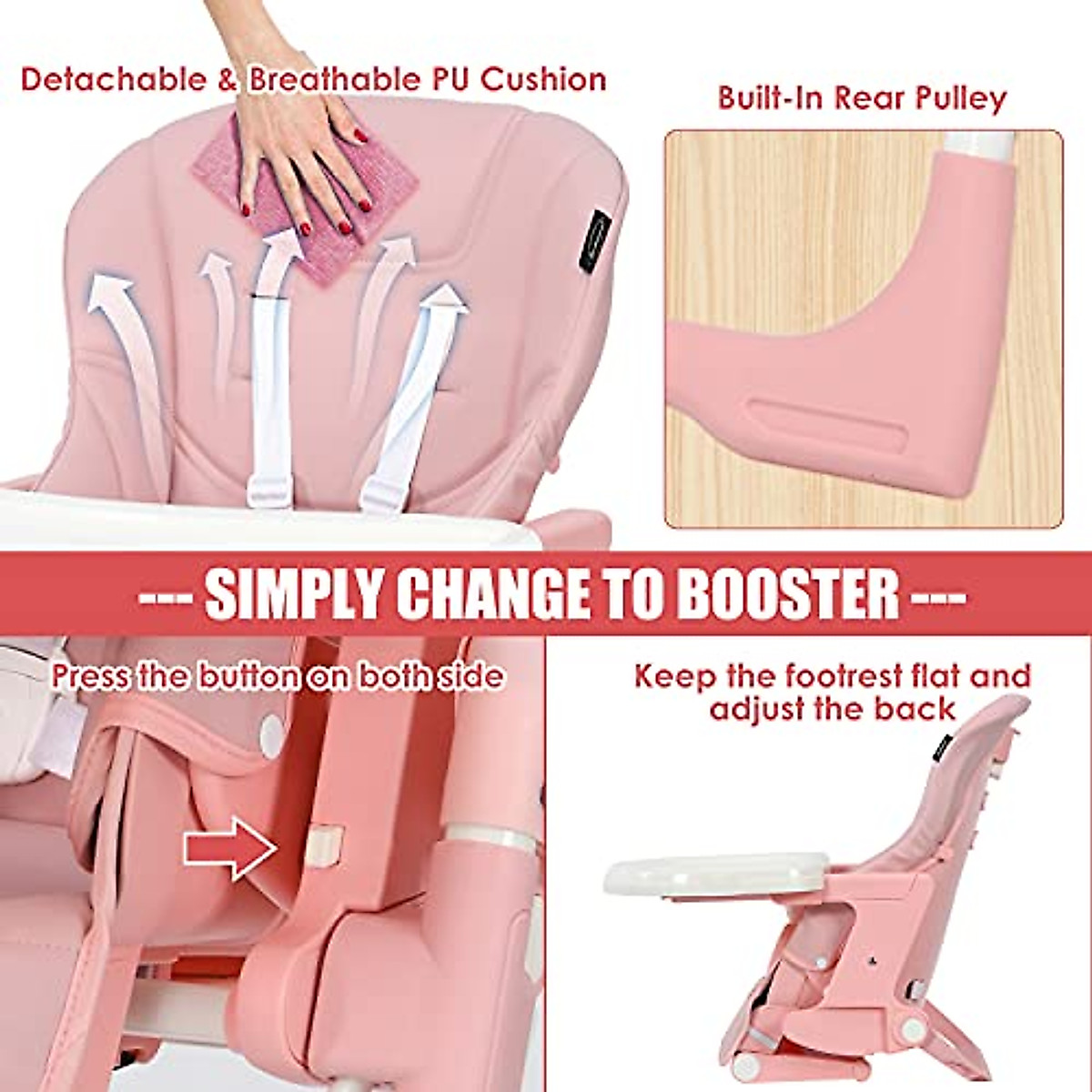 INFANS 4 in 1 High Chair–Booster Seat, Convertible Highchair w/Adjustable Height and Recline,Removable Tray,DetachableCushion, Installation-Free,Simple Fold for Baby, Infant& Toddler (Pink)