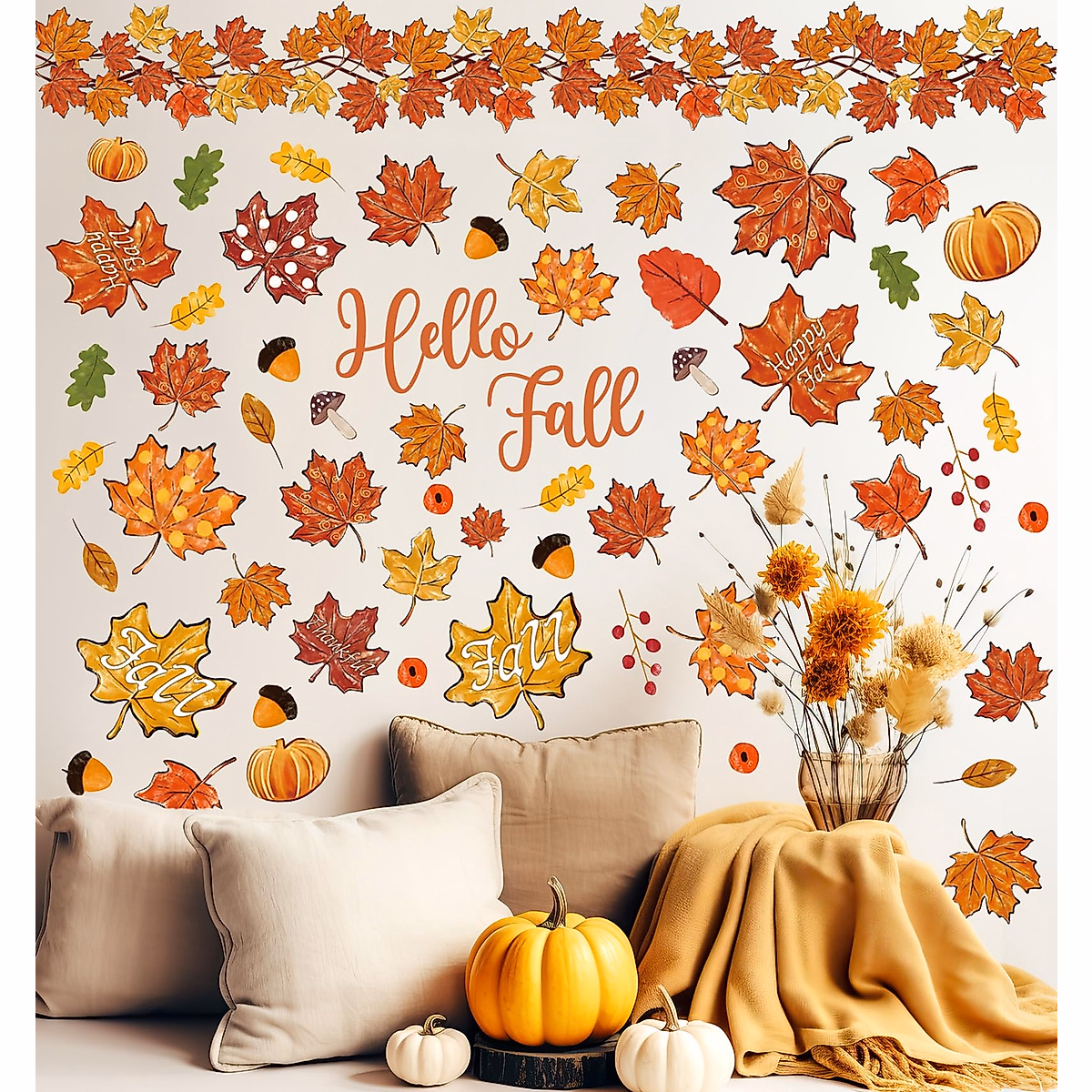 JarThenaAMCS 9 Sheet Thanksgiving Wall Stickers Fall Adhesive Oil Painting Maple Leaf Pumpkin Acorn Wall Decals Removable Mural Wall Decor for Home Classroom Autumn Supplies