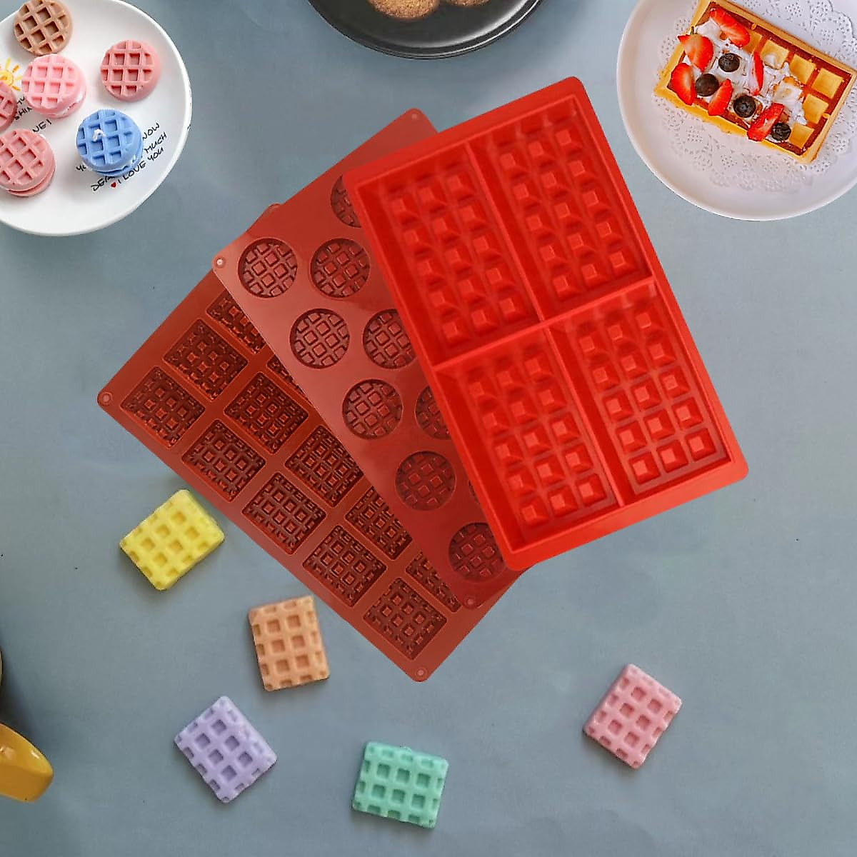 HYCSC 3 Pack Waffle Silicone Mold - 4 Cavity Square Waffle Silicone Mold, 18 Cavity Mini Round Waffle Mold, 20 Cavity Mini Square Waffle Pan, Non-Stick Silicone Waffle Mold for Baking