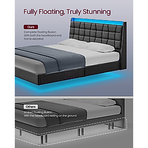 VASAGLE Full Size Floating Bed Frame with LED Lights, Full Bed Frame with Charging Station, Tufted Storage Headboard, Upholstered Platform Bed Frame, No Box Spring Needed, Dark Gray URMB852G71