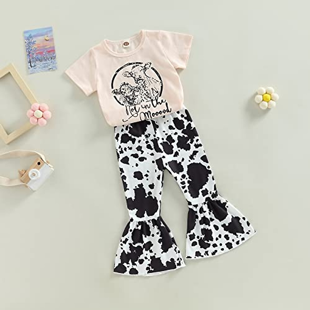 Western Baby Girl Clothes Letters Print Short Sleeve T-Shirt Tops Cow Print Flared Pants Set Bell Bottom Outfit (Beige, 2-3 Years)