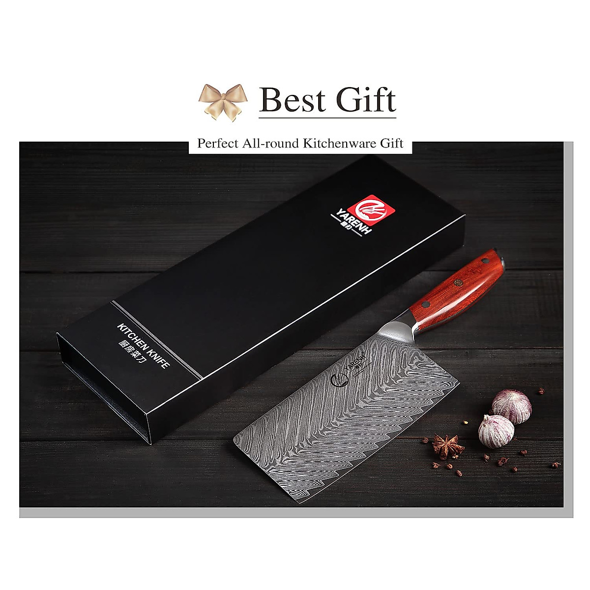 YARENH Chinese Cleaver Knife, 7 inch Professional Kitchen Knife, Damascus Steel Blade, 67 Layers, African Sandalwood Handle, Suitable for Cutting Vegetables and Meat, Gift Box Packaging