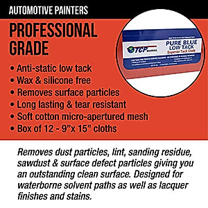 TCP Global - Pure Blue Low Tack Superior Tack Cloths - Tack Rags (Box of 12) - Automotive Car Painters Professional Grade - Removes Dust, Sanding Particles, Cleans Surfaces - Wax and Silicone Free